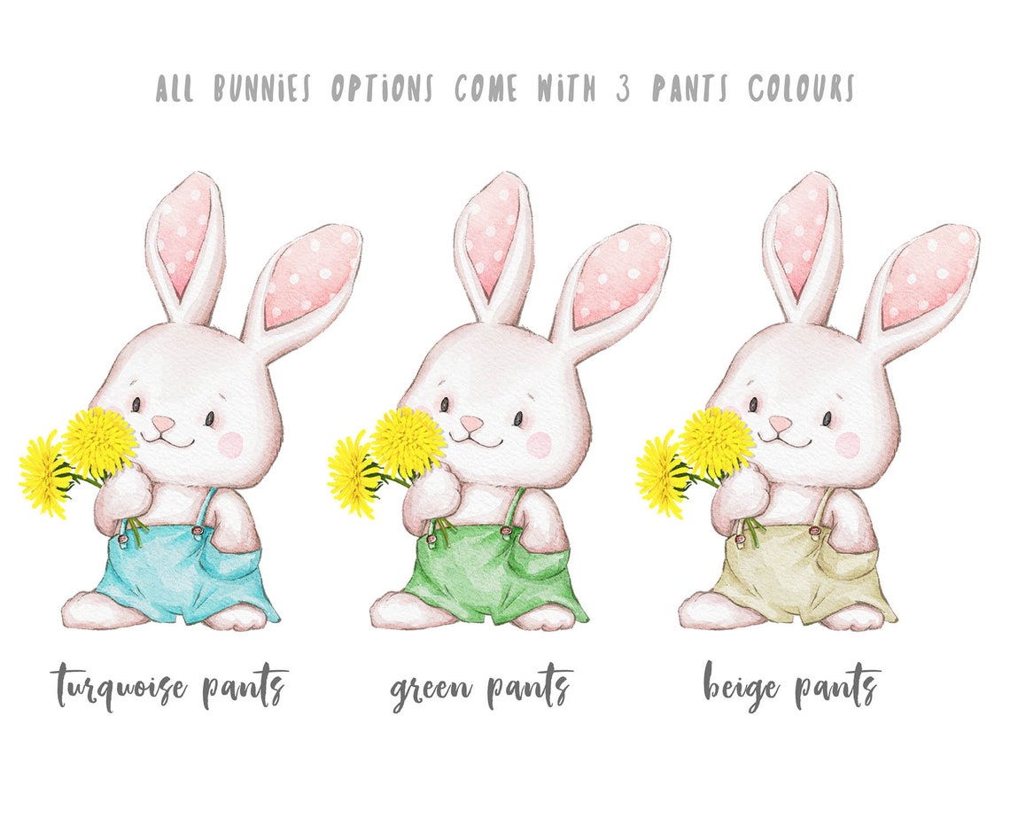 Bunny Clipart Cute Baby Bunny Illustration Flowers Easter Cards Sweet ...