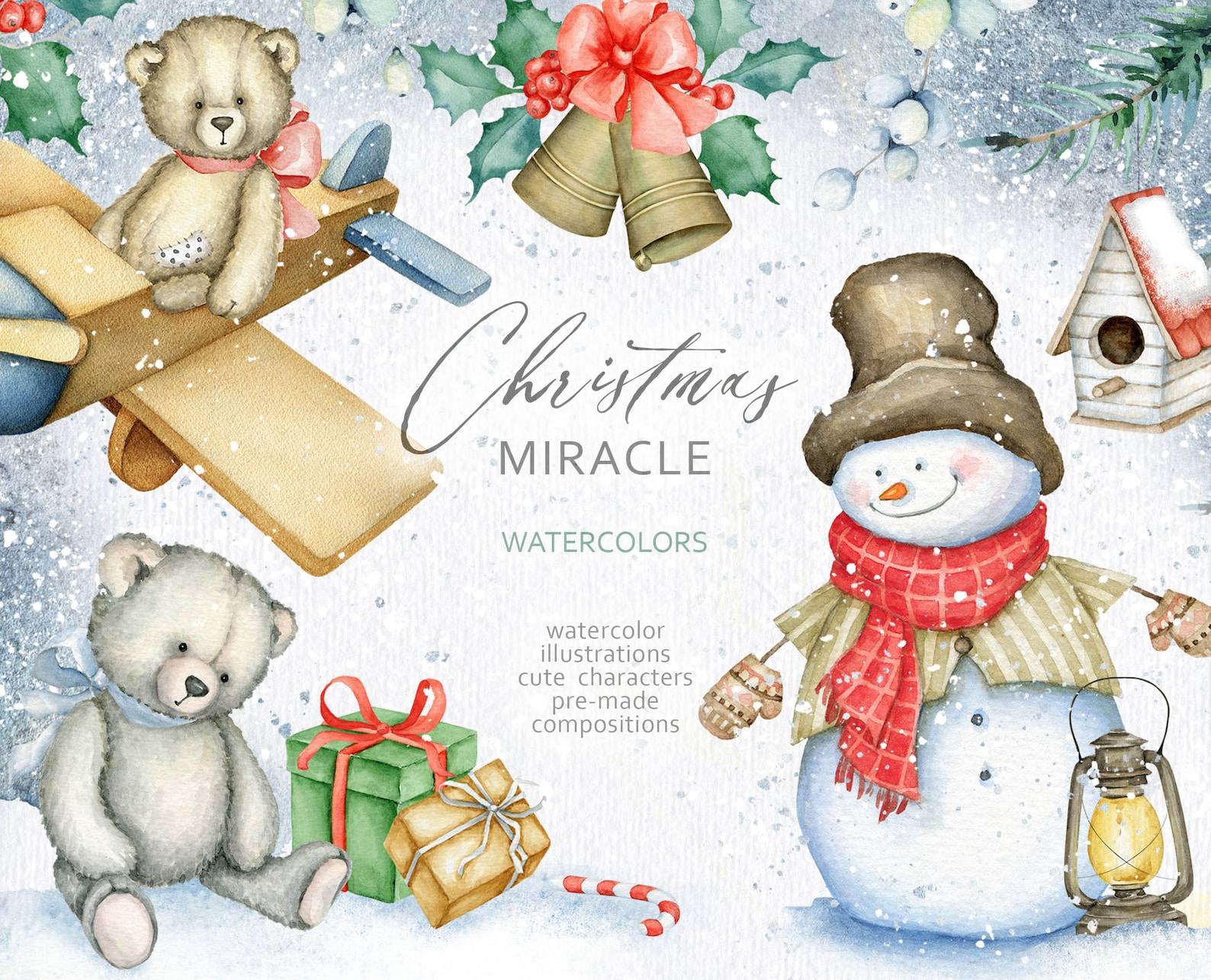 Watercolor Christmas Clipart Set Teddy Bear Clip Art Bunny Snowman ...