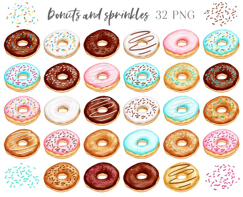 Watercolor Donuts Clipart. Sprinkle Pink, Blue, Caramel and Chocolate ...