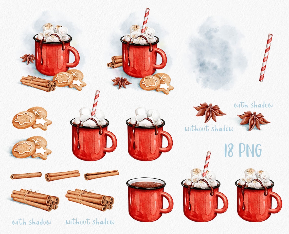Hot Chocolate Red Mug Clipart. Watercolor Christmas Clipart. - Etsy