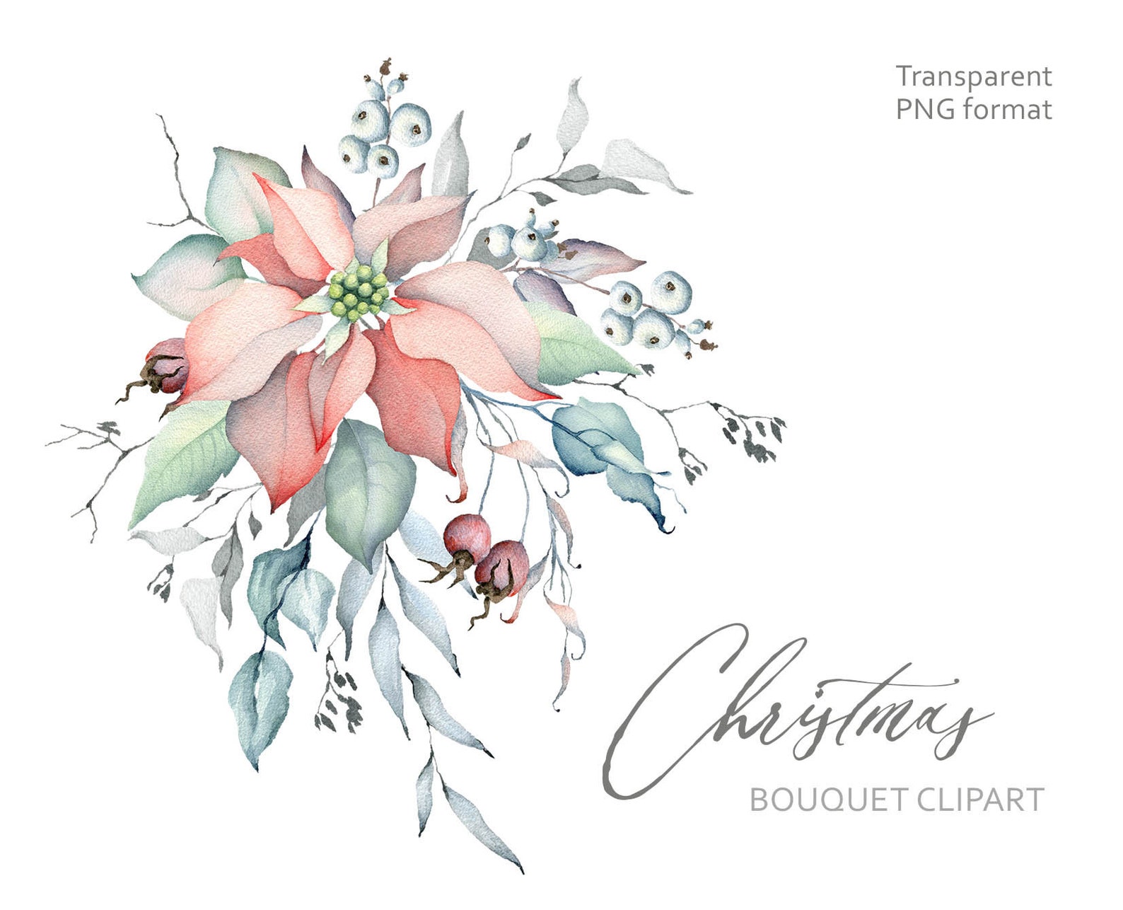 Watercolor Christmas Clipart - Floral Bouquet With Poinsettia Flower ...