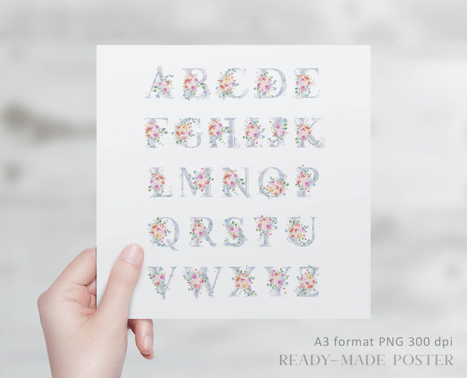 Floral Alphabet Clipart With Watercolor Roses. 26 Silver - Etsy