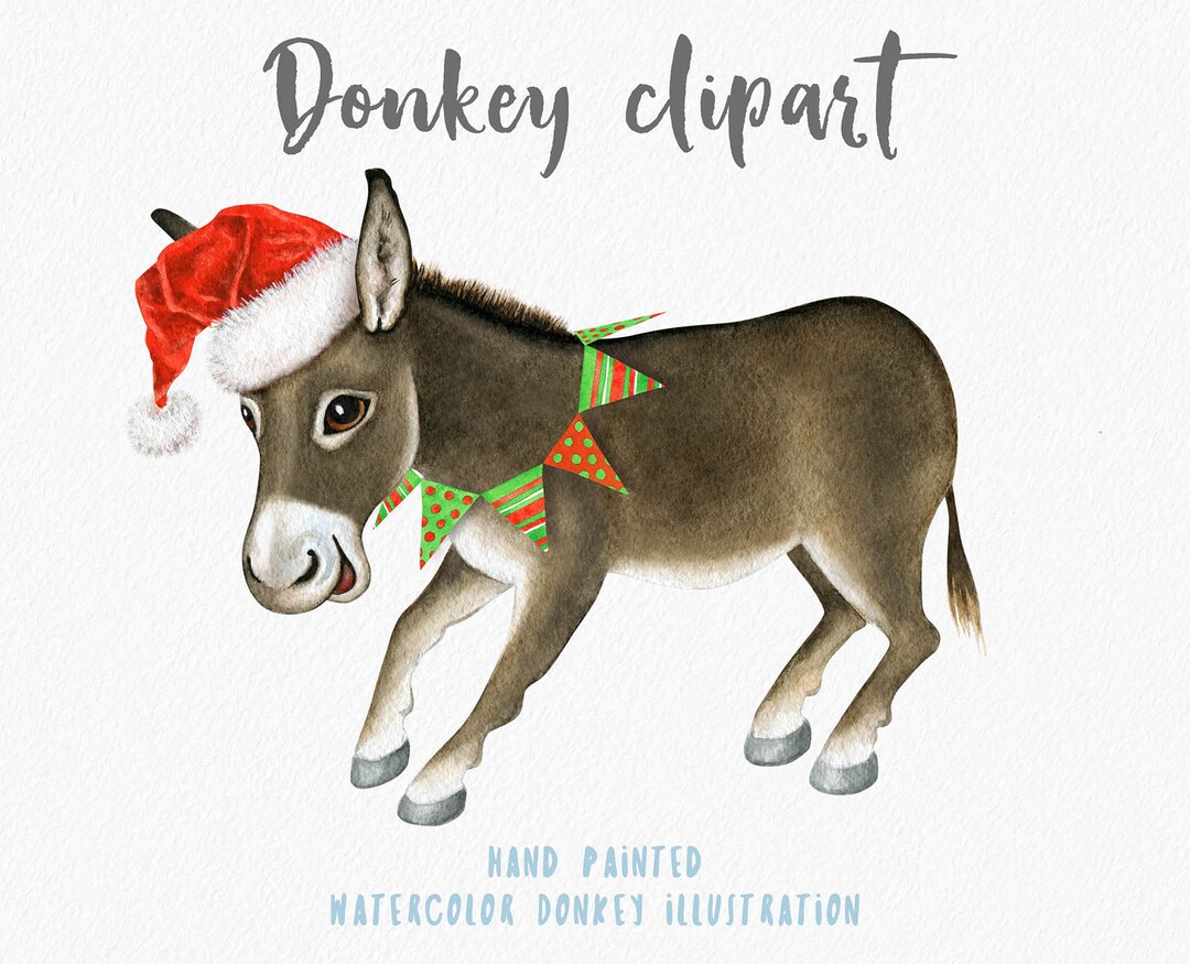 Cute Donkey in Santa Hat Clipart. Christmas Clipart. Watercolor Donkey ...
