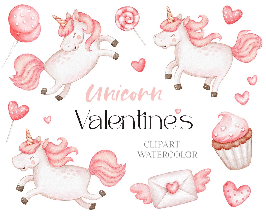 Cute Unicorn Watercolor Clipart. Watercolor Valentine's Day Clipart ...