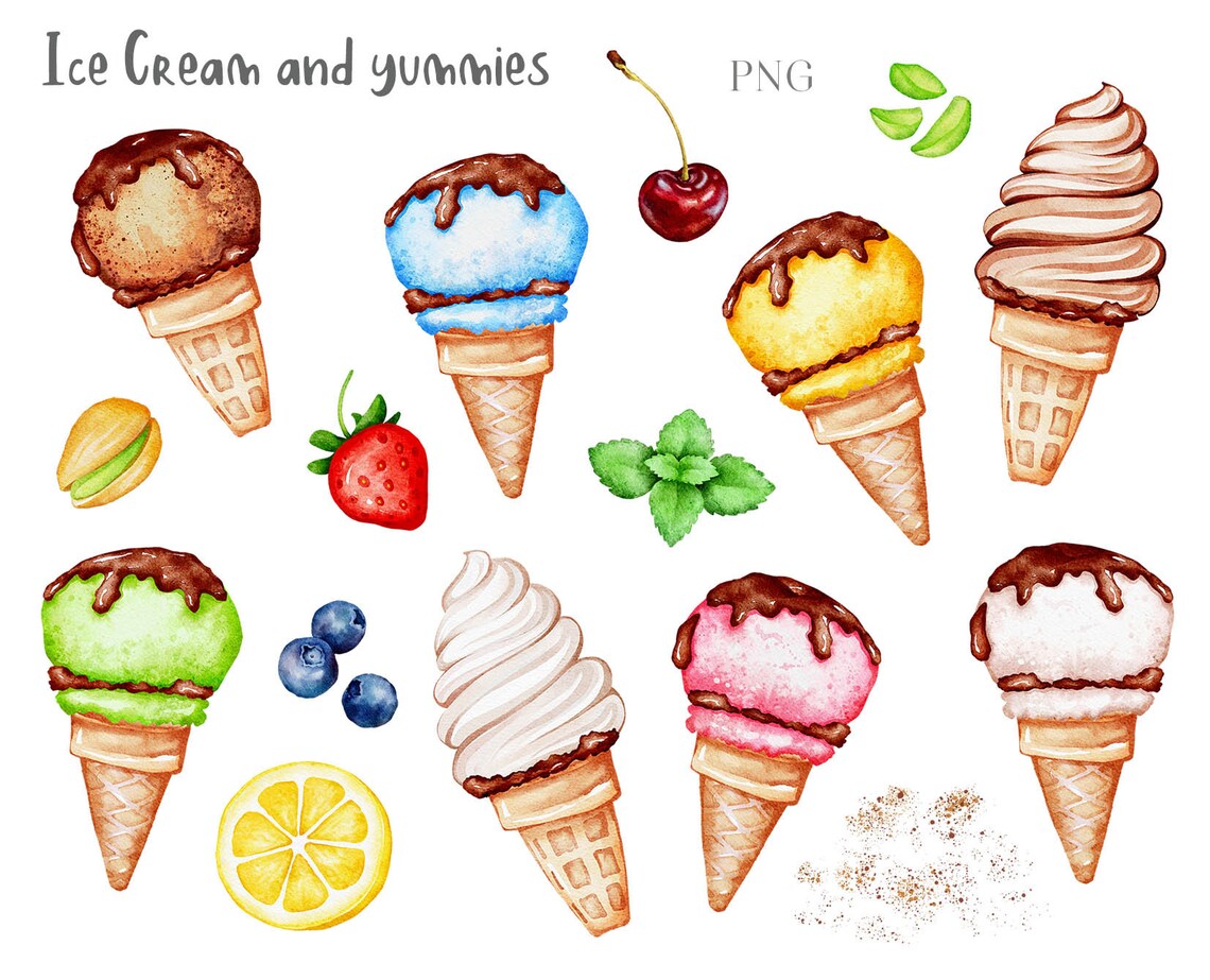 Watercolor Ice Cream Clipart. Summer Sweets Clipart. Waffle - Etsy