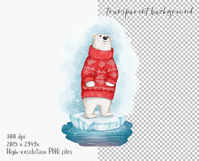 Polar Bear Clipart. Watercolor Polar Bear in a Christmas - Etsy