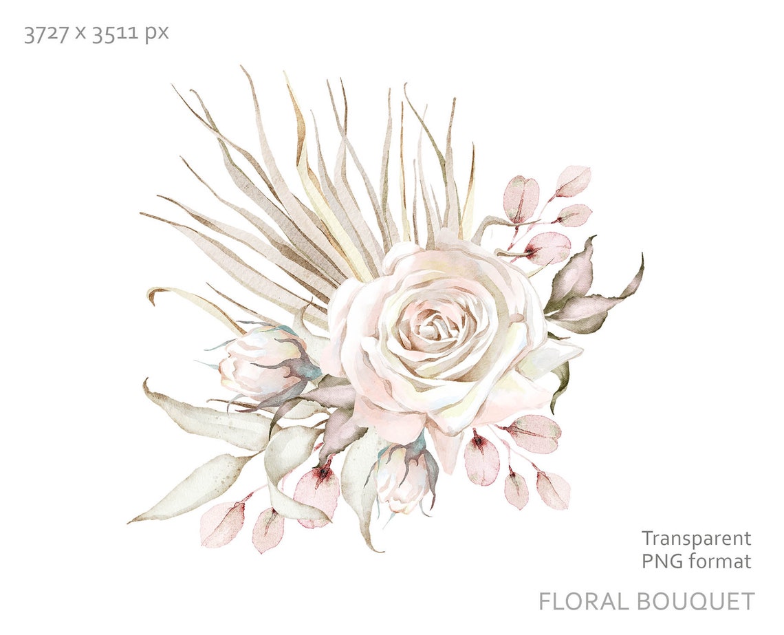 Rose Clipart Boho Bouquet Watercolor Bohemian Flower Floral - Etsy