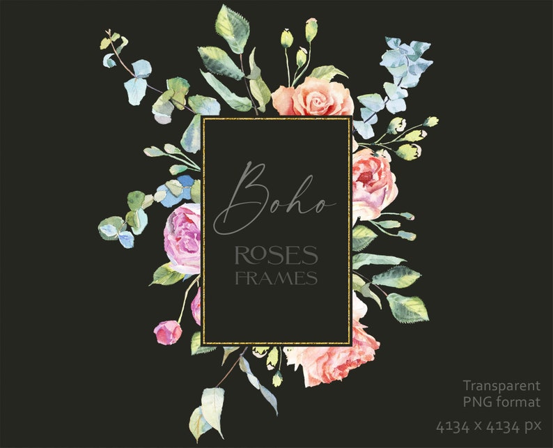 Boho Roses Frame Clipart. Floral Frame. Watercolor Floral Borders ...