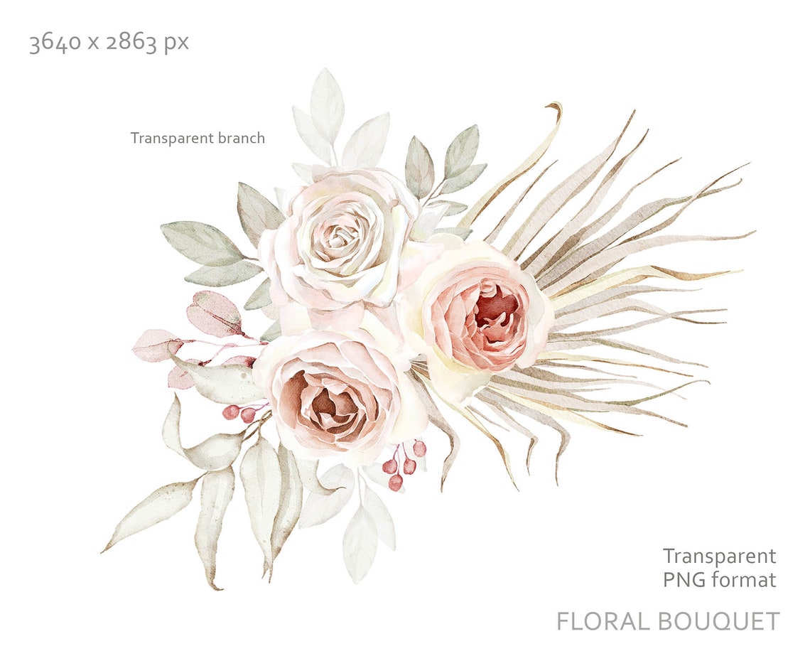 Roses Clipart Watercolor Bohemian Flower Floral Bouquet Pale - Etsy