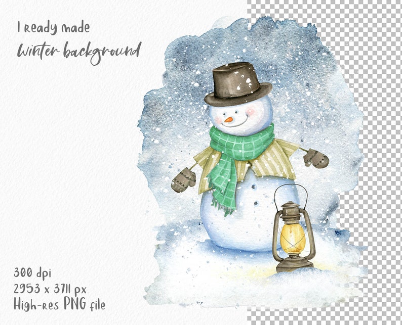 Watercolor Snowman Clipart Christmas Clipart Snowman With Green Scarf ...