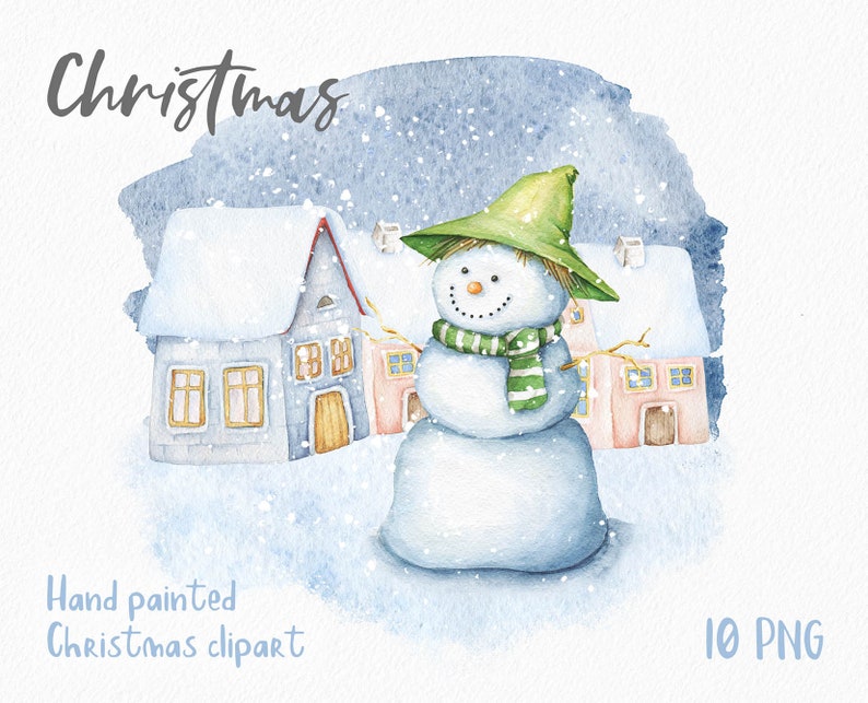 Christmas Clipart. Watercolor Snowman Clipart. Winter Scene ...