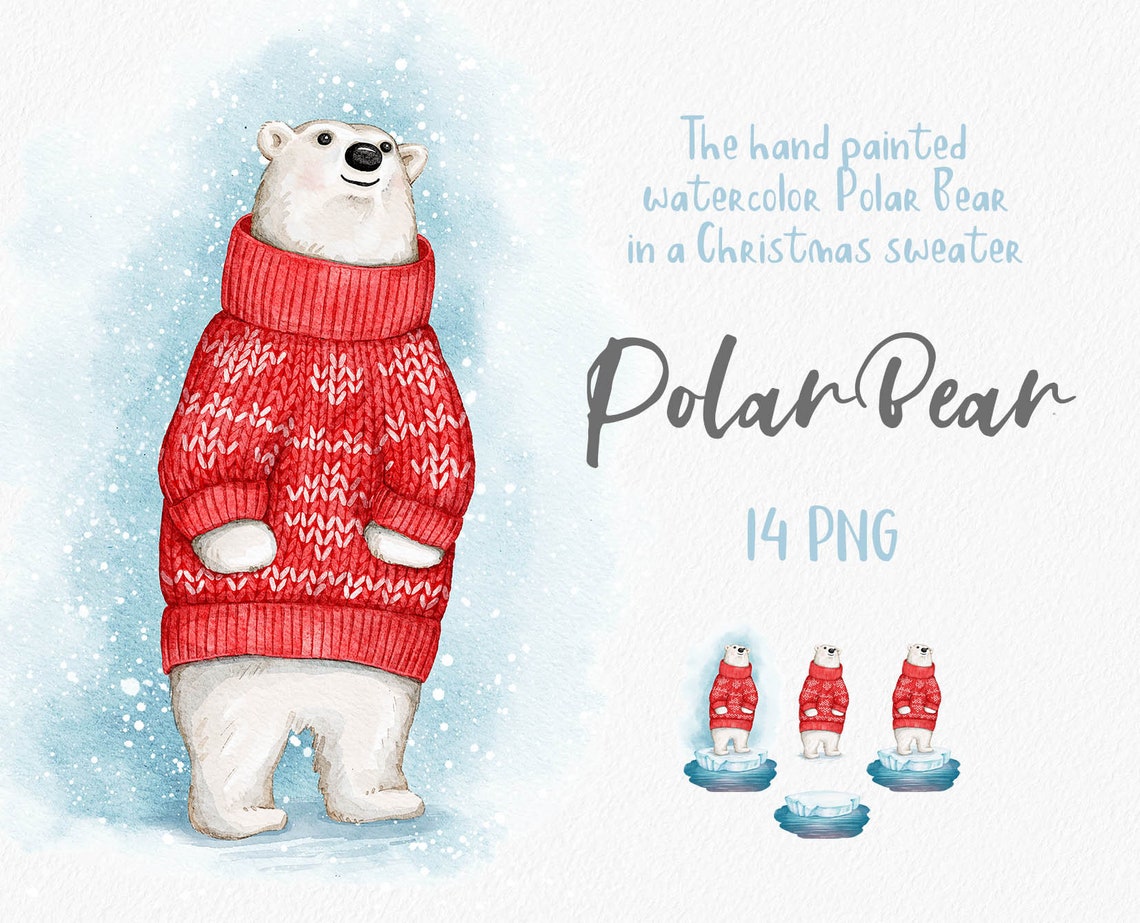Polar Bear Clipart. Watercolor Polar Bear in a Christmas - Etsy