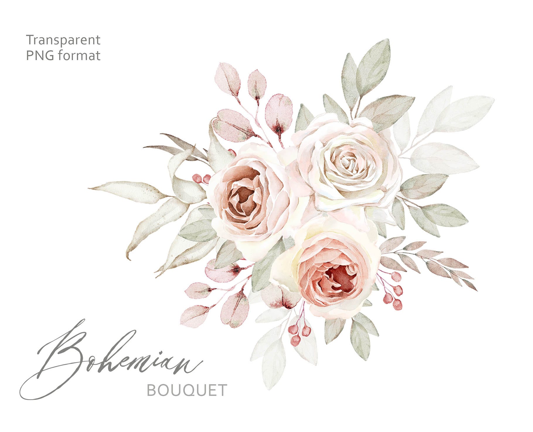 Boho Roses Clipart Watercolor Rose Bohemian Flower Floral Bouquet Pale ...