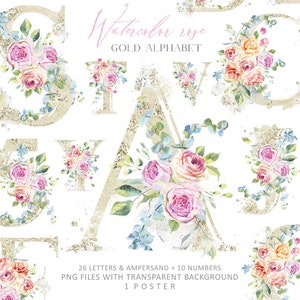 Floral Alphabet Clipart With Watercolor Roses. 26 Gold Letters ...