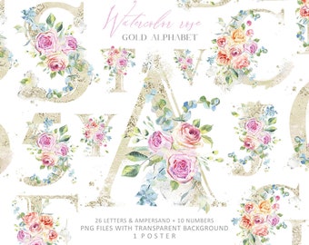 Floral Alphabet Clipart With Watercolor Roses. 26 Silver Letters ...