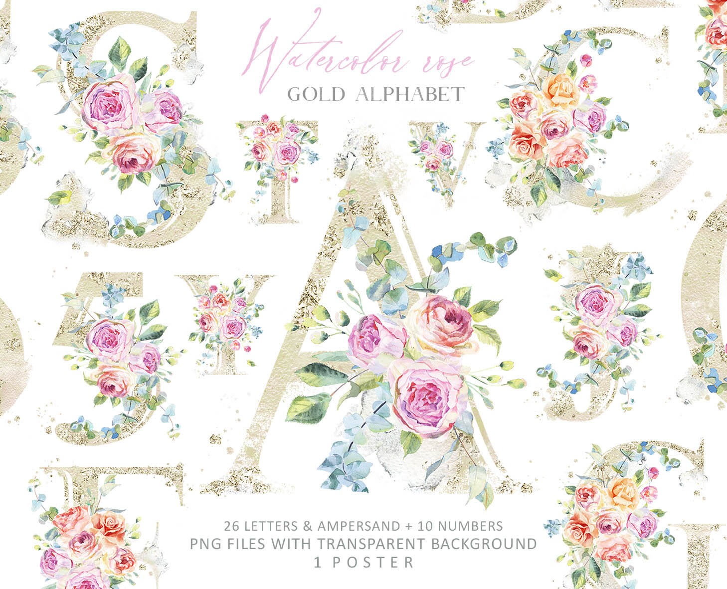 Floral Alphabet Clipart With Watercolor Roses. 26 Gold Letters ...