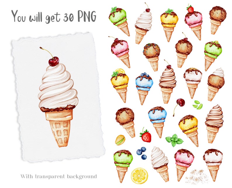 Watercolor Ice Cream Clipart. Summer Sweets Clipart. Waffle Cone ...