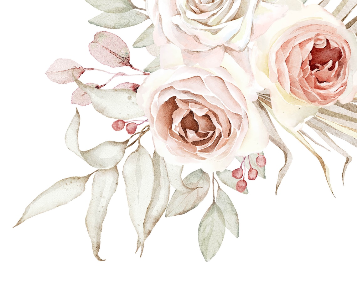 Roses Clipart Watercolor Bohemian Flower Floral Bouquet Pale - Etsy