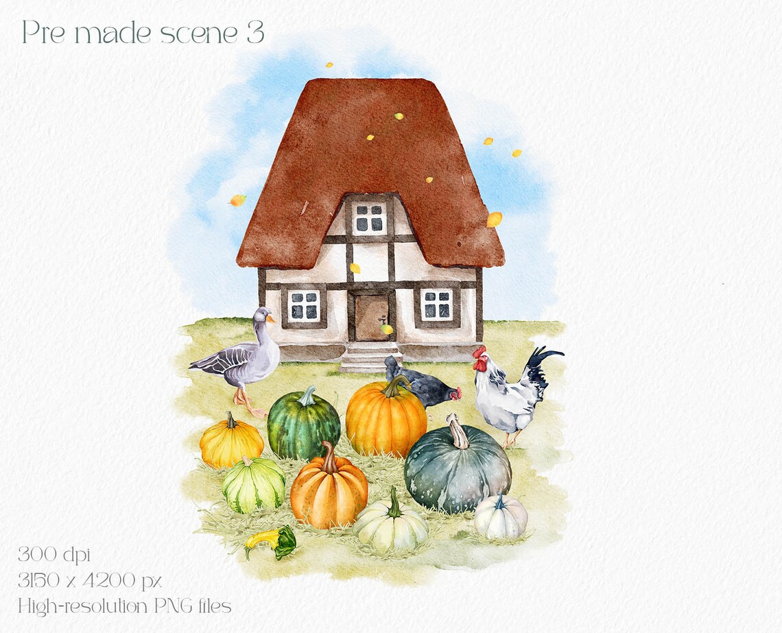 Watercolor Autumn Farm Scene Clipart. Autumn Harvest. - Etsy