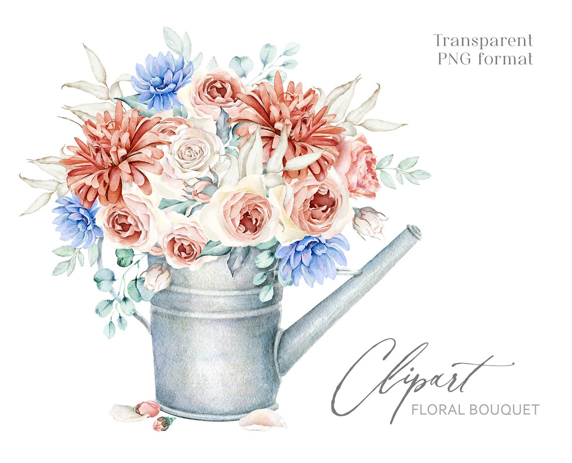Watercolor Flowers in Watering Can Clipart Floral Clipart - Etsy
