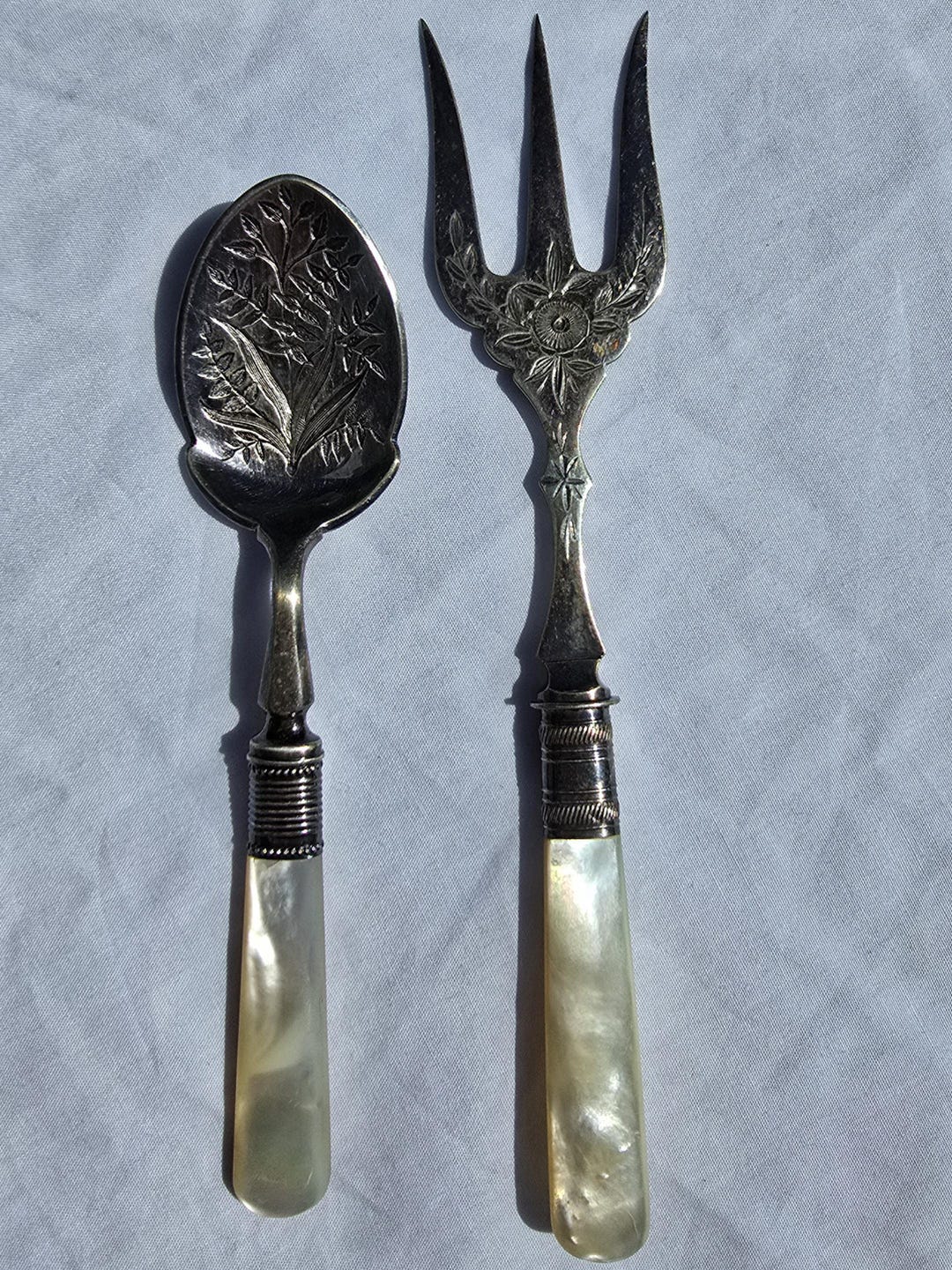 Antique Mother of Pearl Handle Serving Set – Etched Silver Fork & Spoon ...