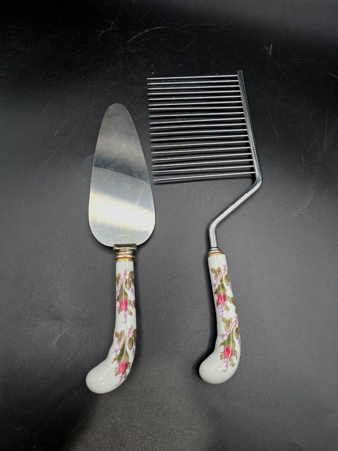 Vintage Cake Breaker & Server Set — English Stainless, Porcelain Rose ...