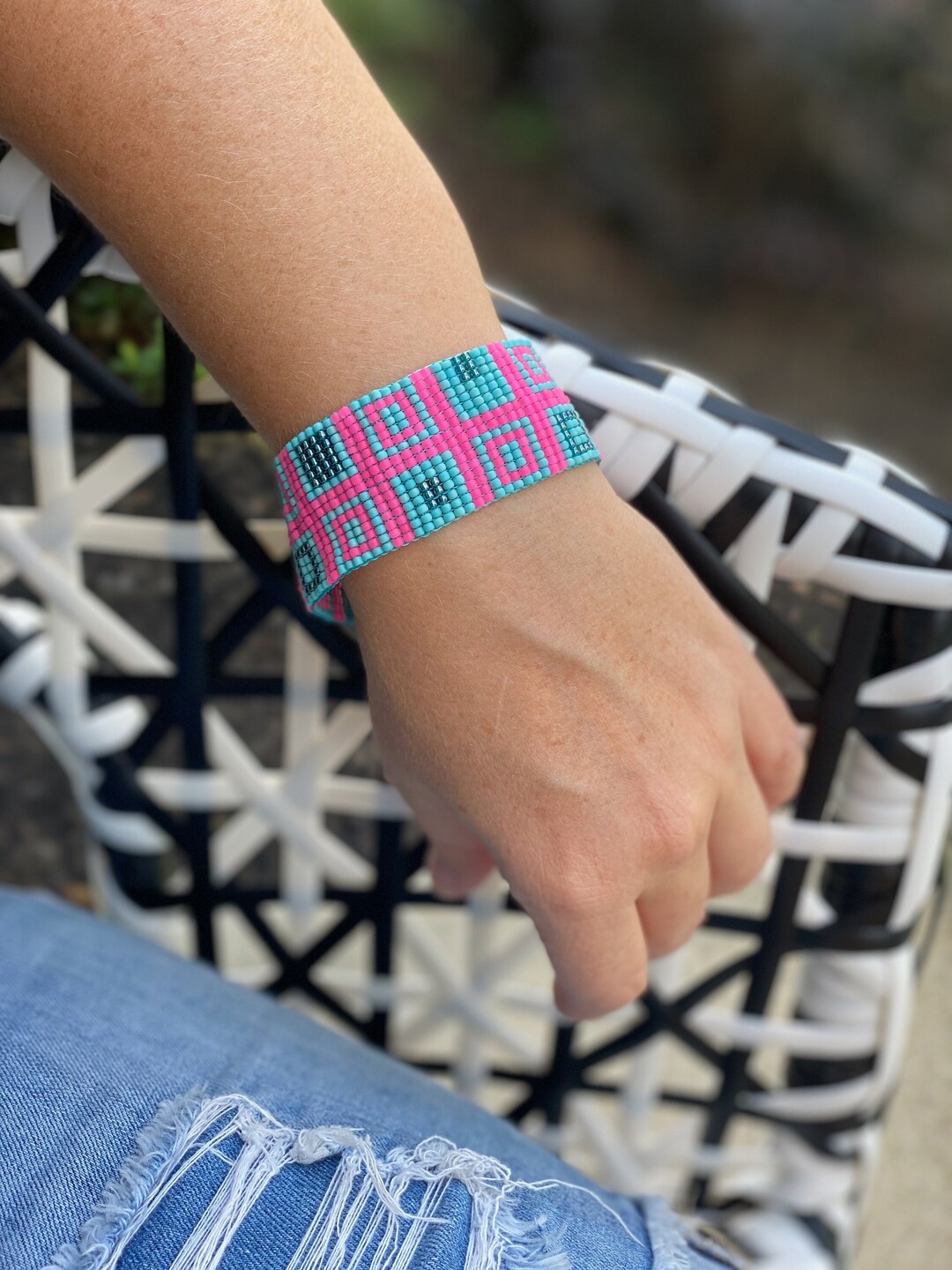 Block Seed Bead Loom Bracelet Pink and Blue - Etsy