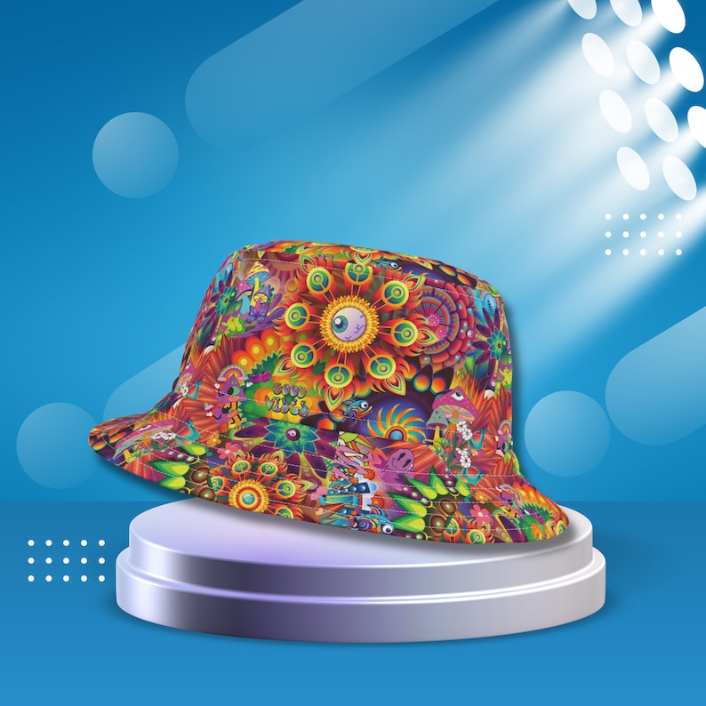 Psychedelic Rainbow Bucket Hat - 70's Vibes, Groovy Style, and Sun ...
