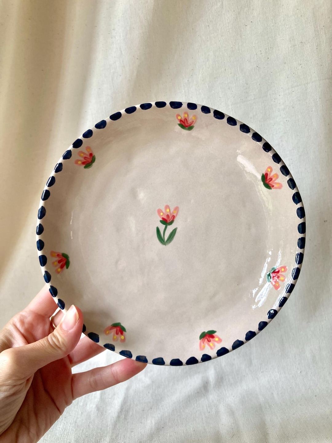 Ceramic Plate With a Crown of Pink and Red Flowers, Black Border - Etsy