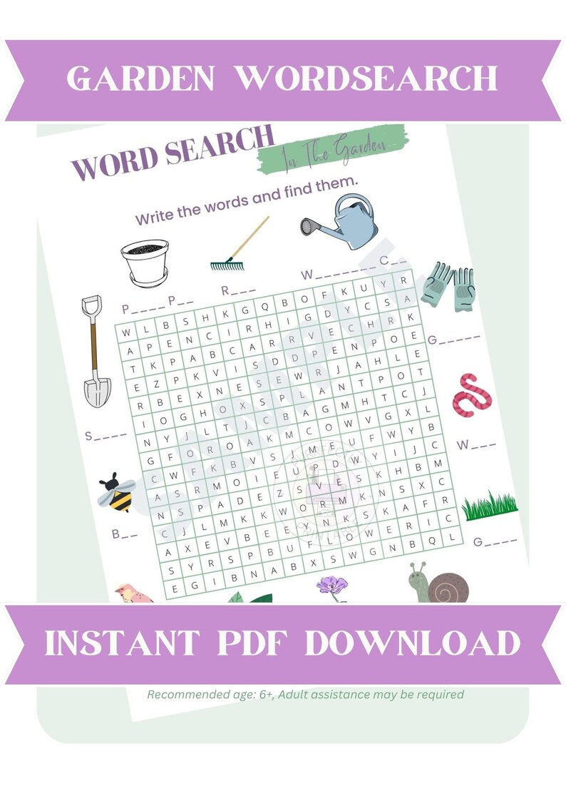 Children's Wordsearch Worksheet: Garden - Etsy