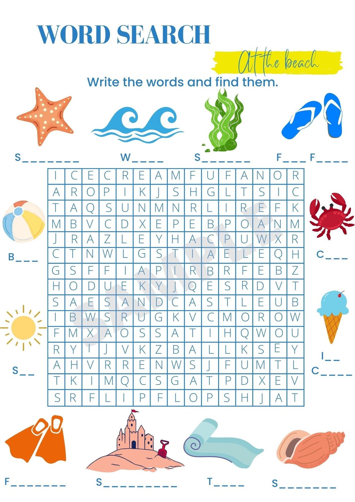 Children's Wordsearch : at the Beach - Etsy