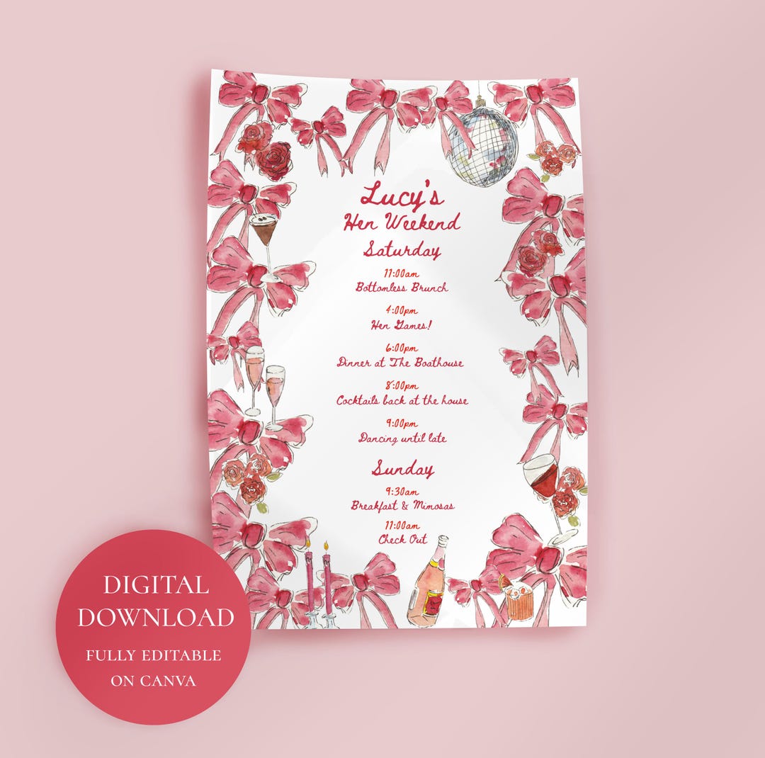 Hen Party Itinerary Pink, Bows and Booze Edit, Download and Print From ...