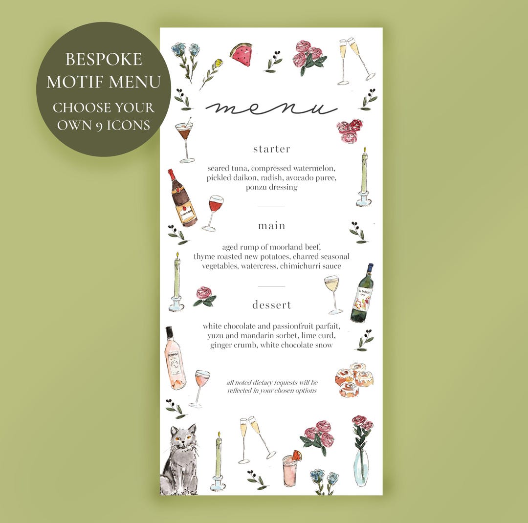 Bespoke Wedding Stationery - Personalised Watercolour Motif Menu - Etsy