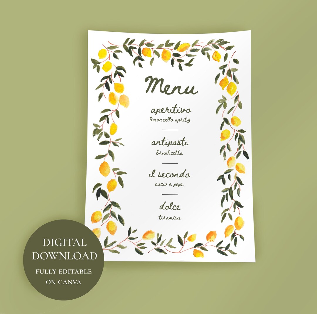 Lemon Menu Template - Perfect for Weddings, Dinner Parties and Hen Dos ...