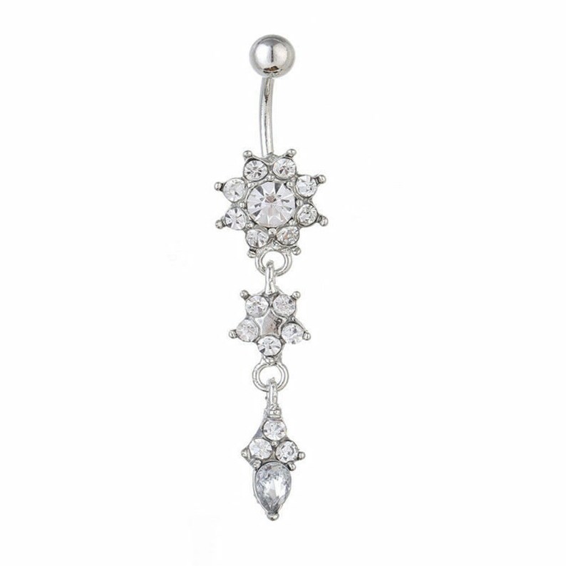 Flower Dangle Silver Crystal Belly Button Belly Ring, Barbell Women ...