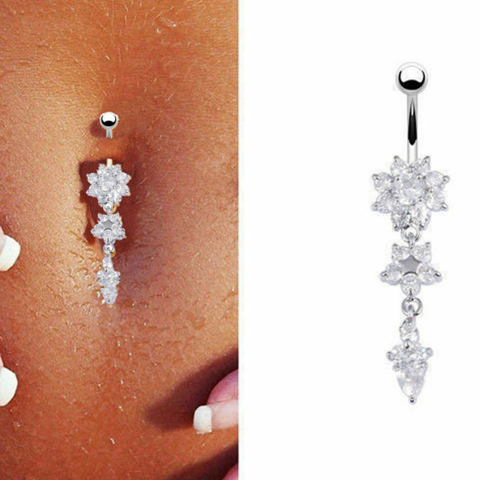 Flower Dangle Silver Crystal Belly Button Belly Ring, Barbell Women ...