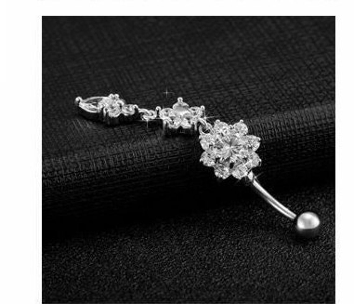 Flower Dangle Silver Crystal Belly Button Belly Ring, Barbell Women ...