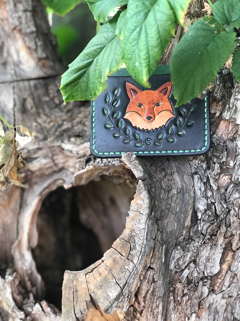 Handmade Leather Card Holder: Red Fox and Fall Leaves Wallet - Etsy