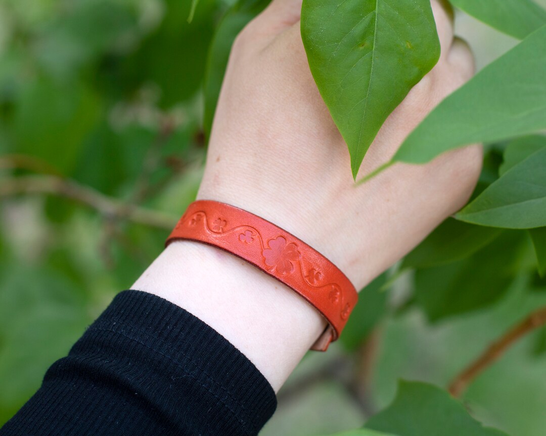 Orange Irish Bracelet With Four Leaf Clover. Druid Leather Jewelry ...