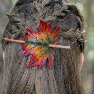 Maple Leaf Hair Slide. Leather Barrette With Wooden Stick for Autumn ...