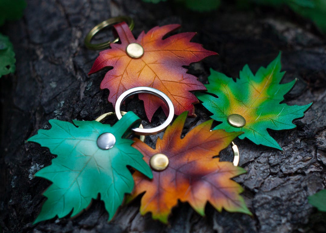 Autumn Colored Key Rings. Leather Maple Leaf Keychain. Cute Autumn ...