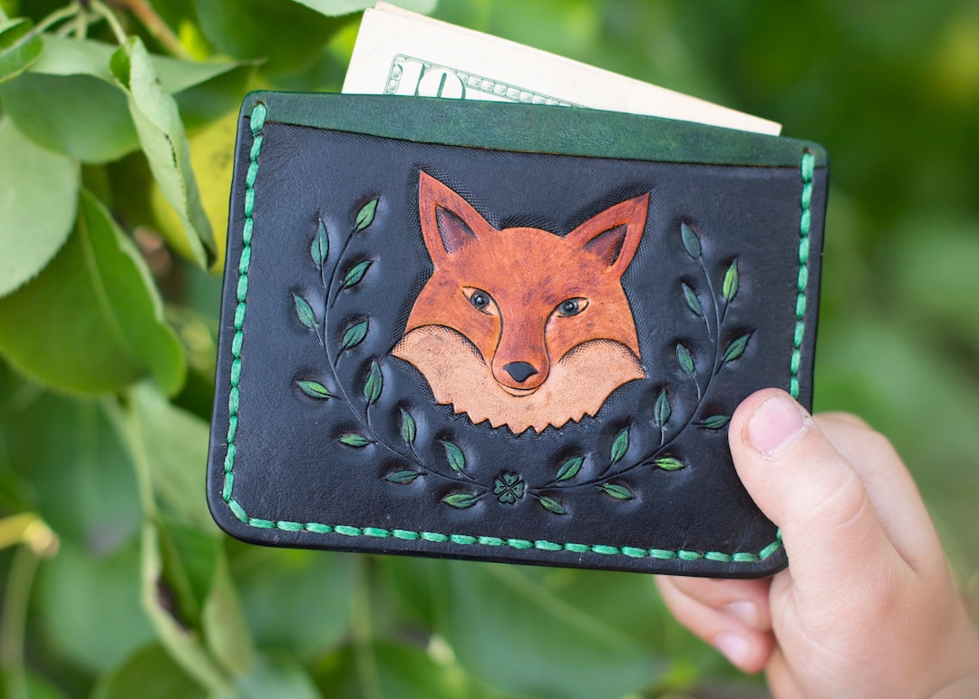 Handmade Leather Card Holder: Red Fox and Fall Leaves Wallet - Etsy