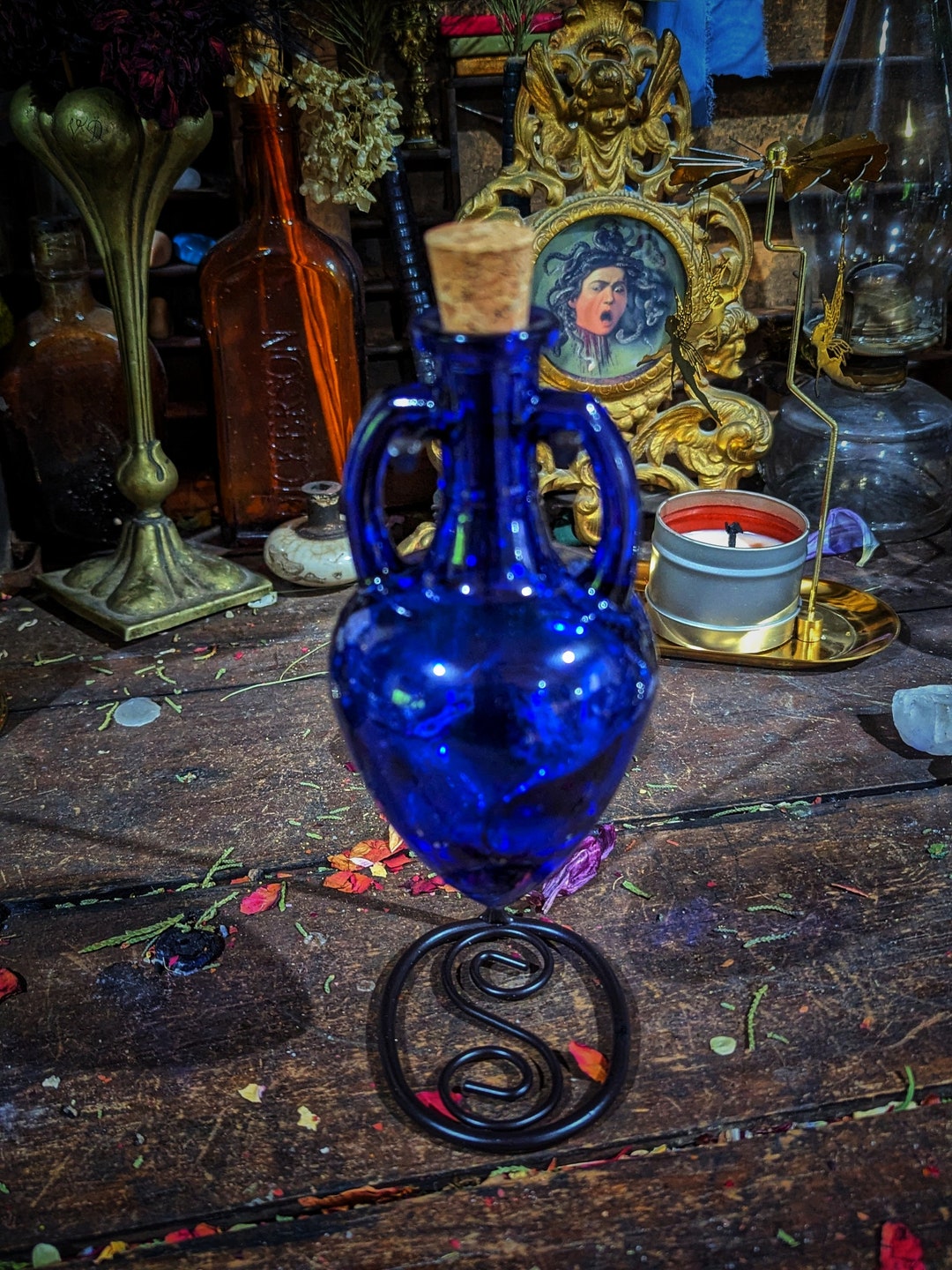 Cobalt Blue Glass Potion Bottle W/ Stand - Amphora, Witchcraft, Cosplay ...