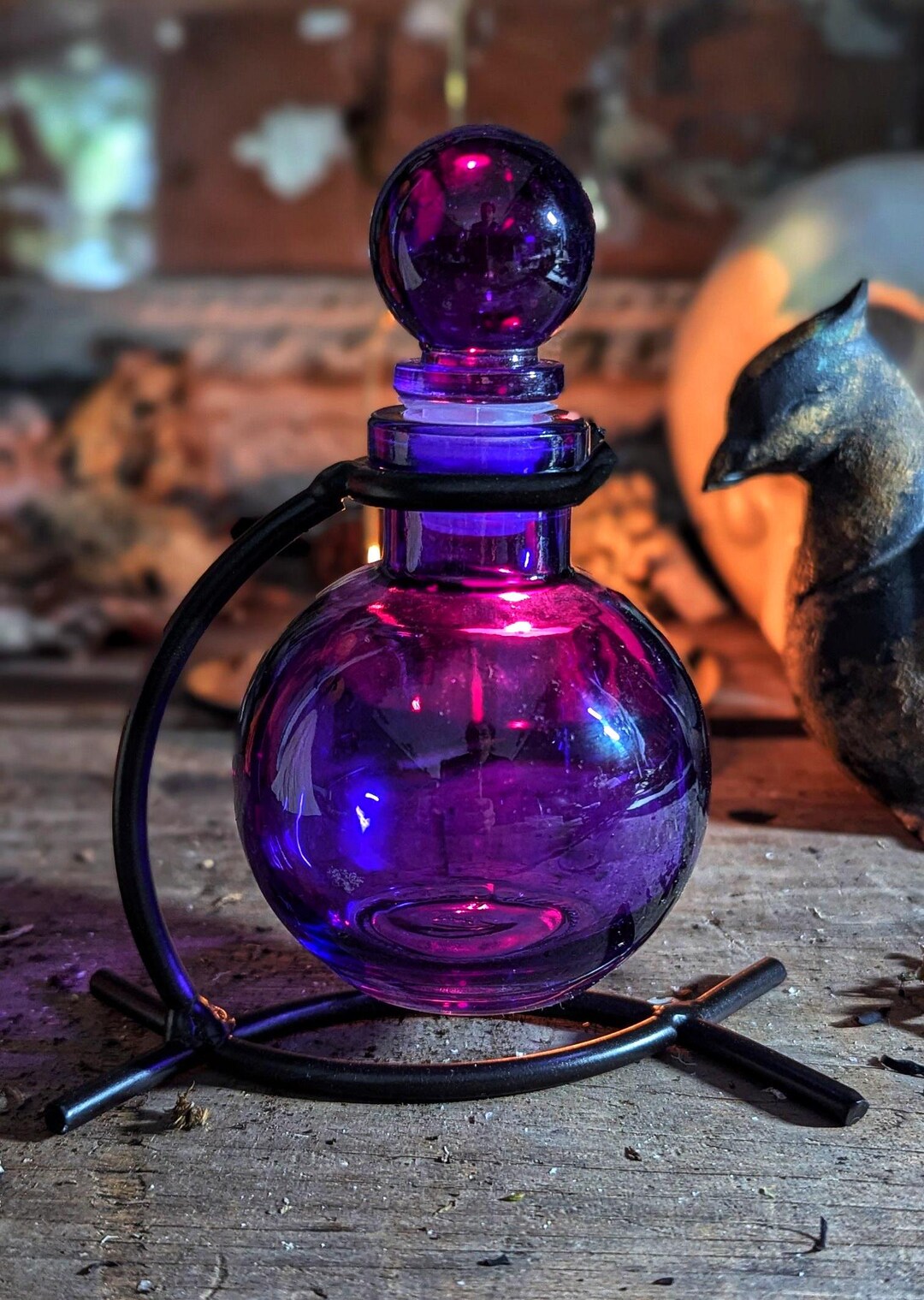 Violet Round Glass Potion Bottle With Glass Topper and Stand ...