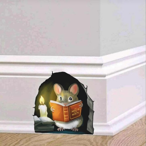 Mouse Reading Book Hole Wall Decal Bedroom Vinyl Decor Book - Etsy