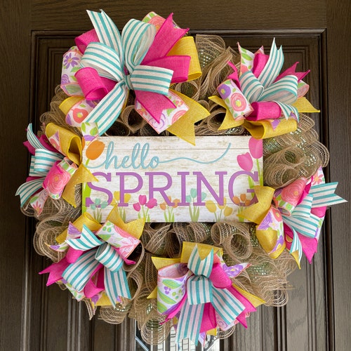 Spring Wreath Hello Spring Wreath for Front Door Easter Door - Etsy