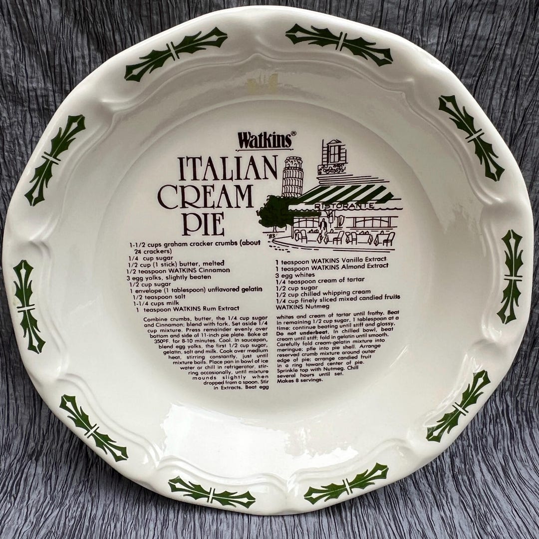 Vintage 1983 Watkins Ceramic Recipe Pie Plate Dish Italian Cream Pie ...