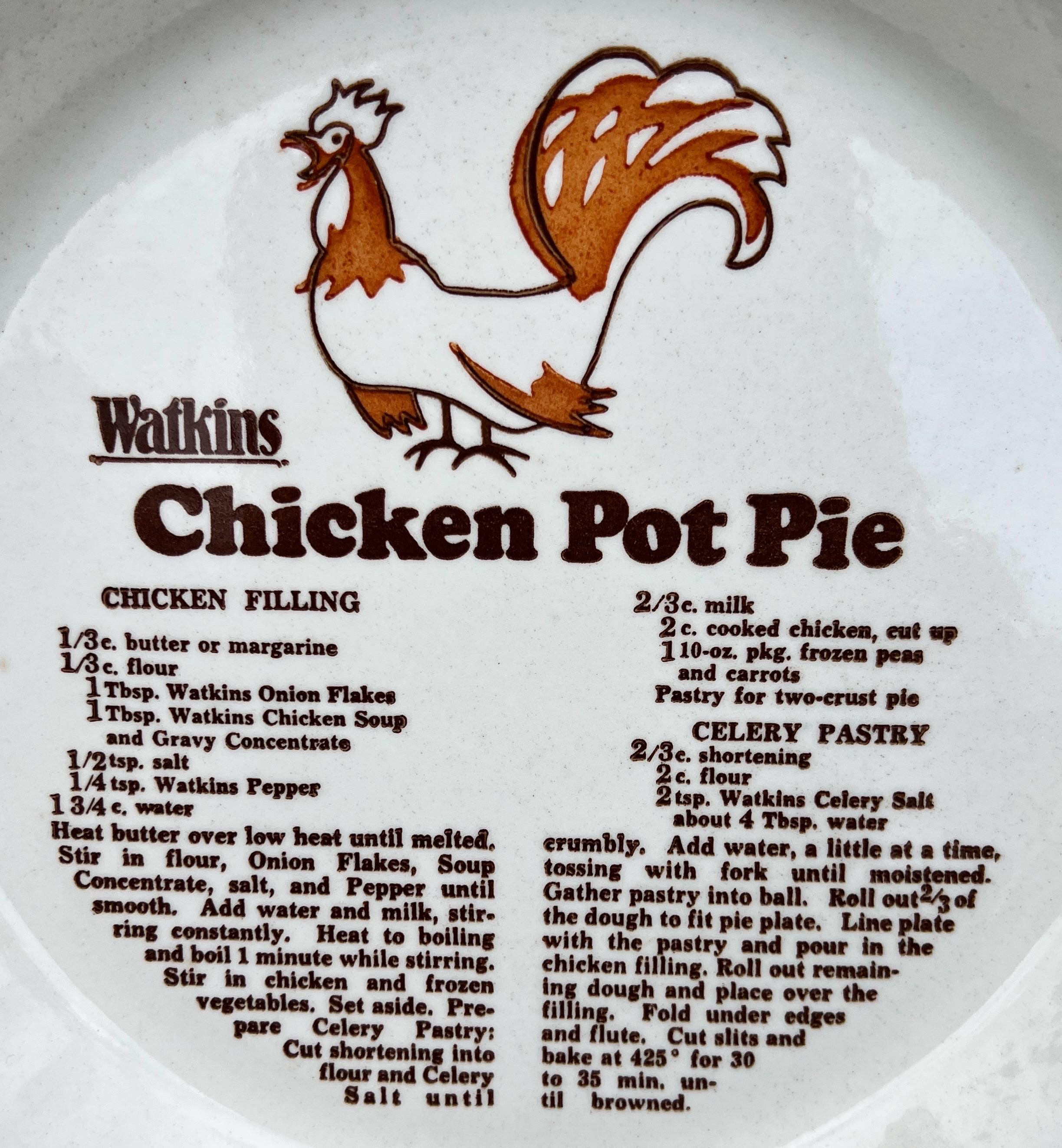 Vintage Watkins Ceramic Recipe Pie Plate Dish Chicken Pot Pie USA - Etsy