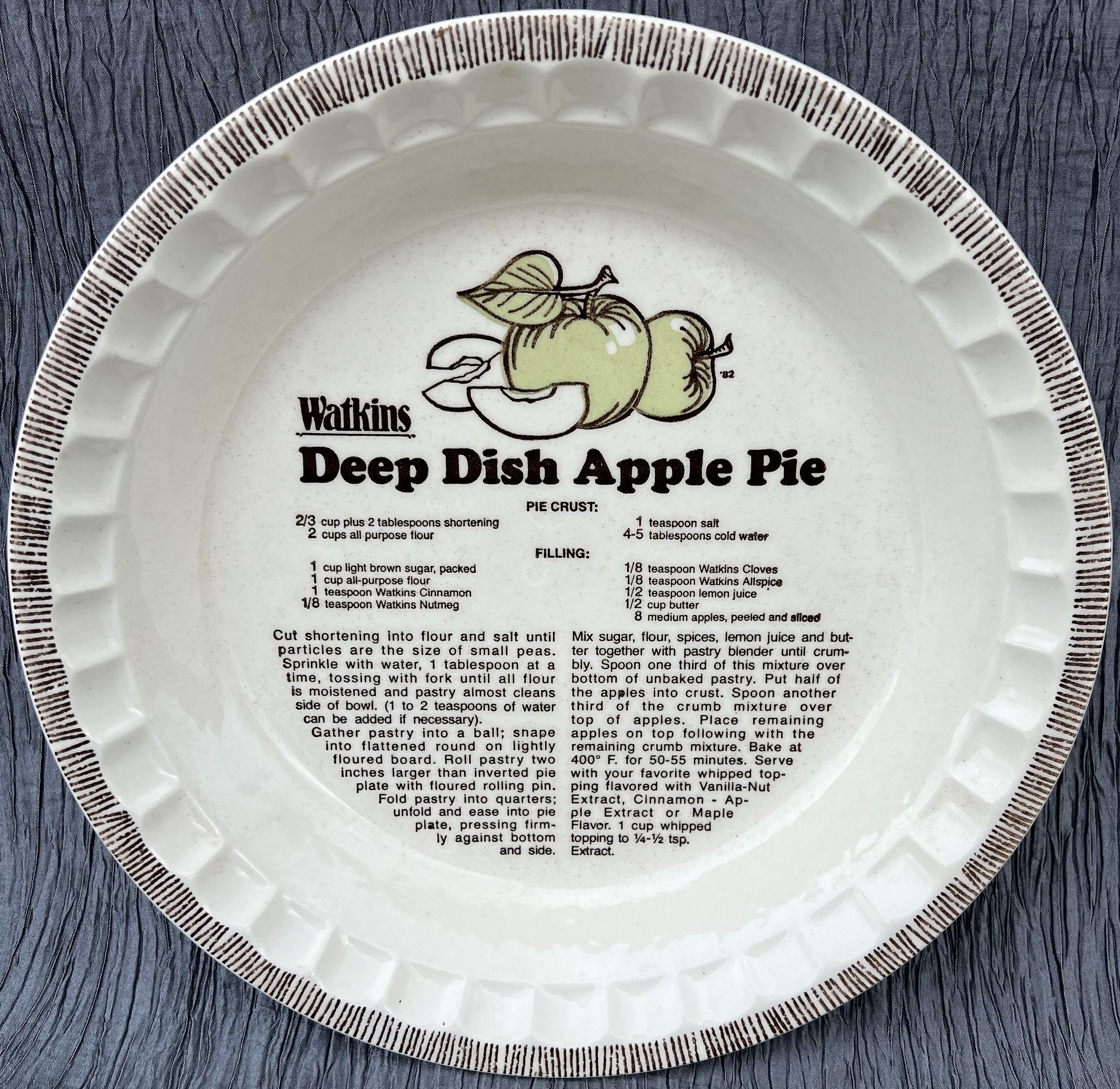 Vintage 1982 Watkins Ceramic Recipe Pie Plate Dish Deep Dish Apple Pie ...