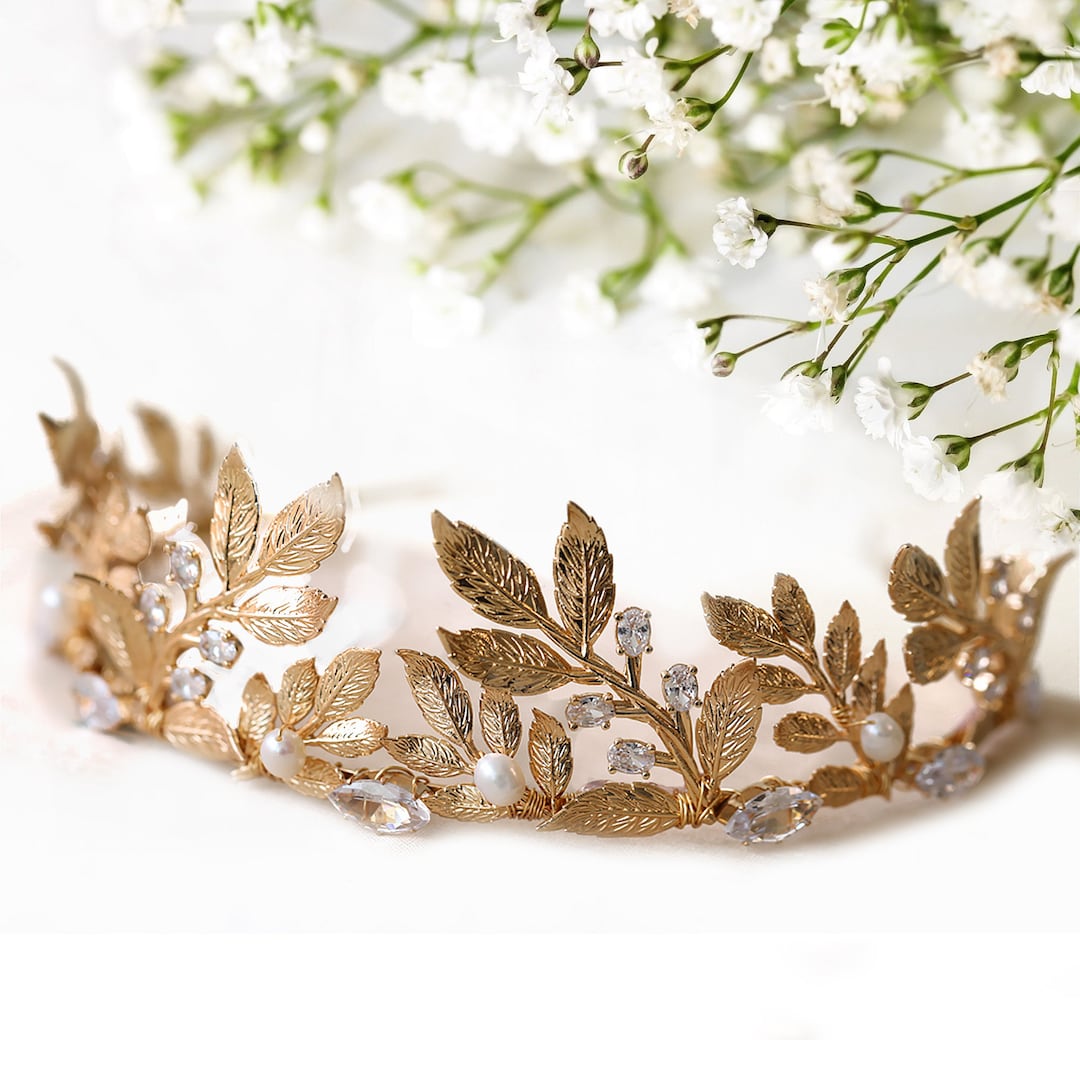 Greek Goddess Crown Bridal Gold Leaf Pearl Rhinestones Headband Wedding ...